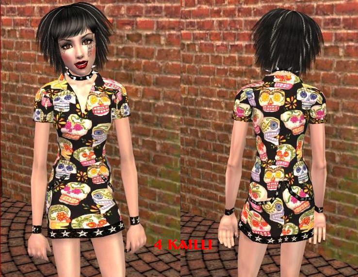 Mod The Sims - "Skull Paradise" Teen Dress w/Spiked Collar-Maxis Mesh