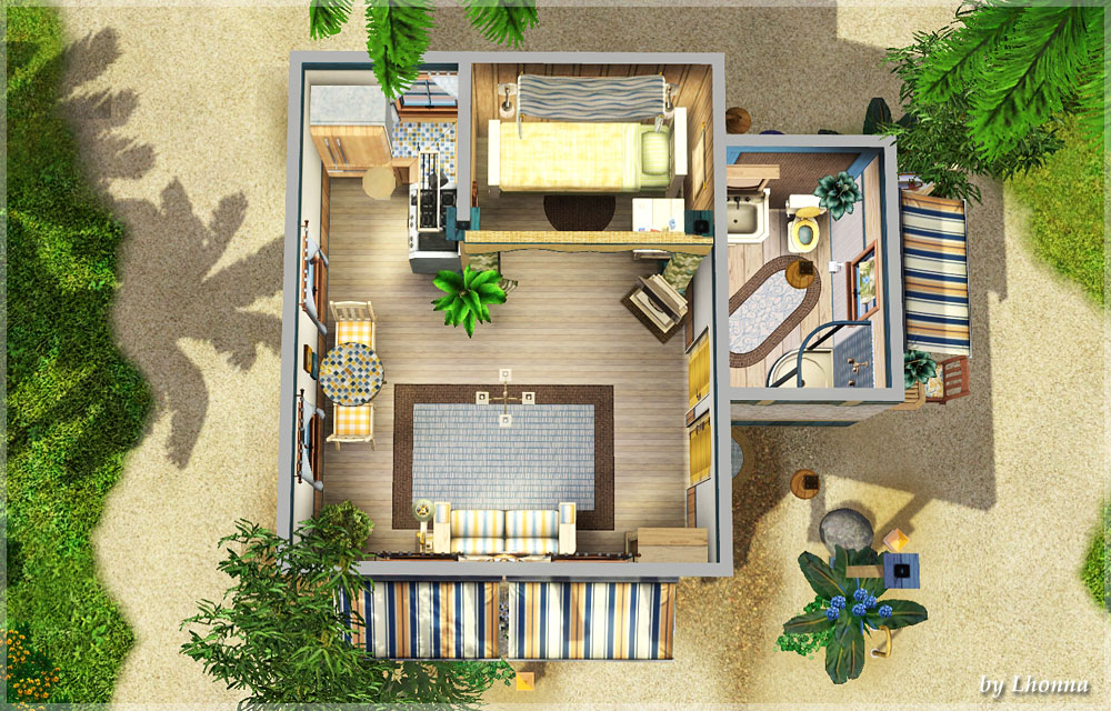 Mod The Sims - The Water Drop - tiny beach cabin (10x10 lot, no CC)