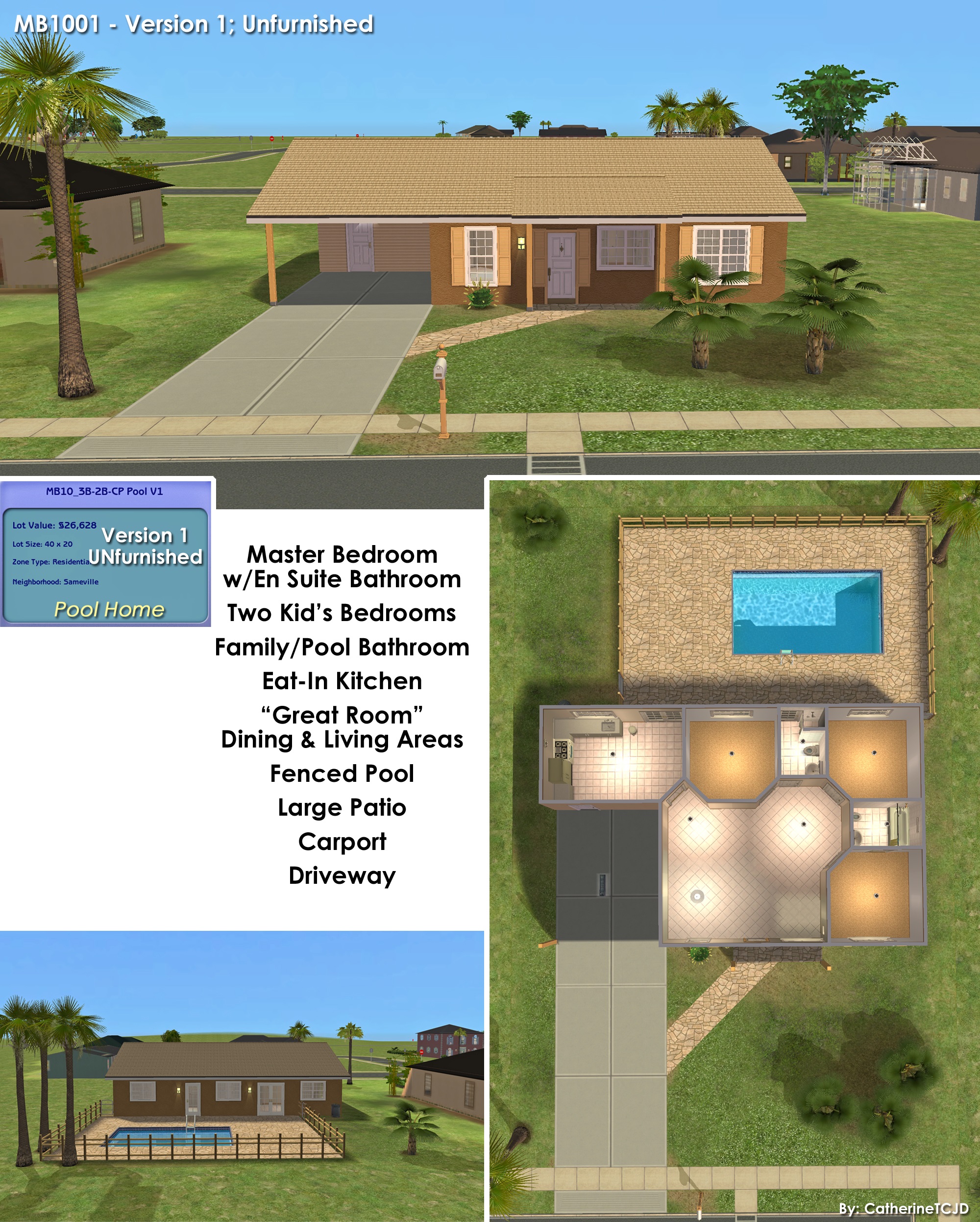 Mod The Sims - Sameville ~ House Model #10: 3B/2B/Carport - Four Variations, one a STARTER