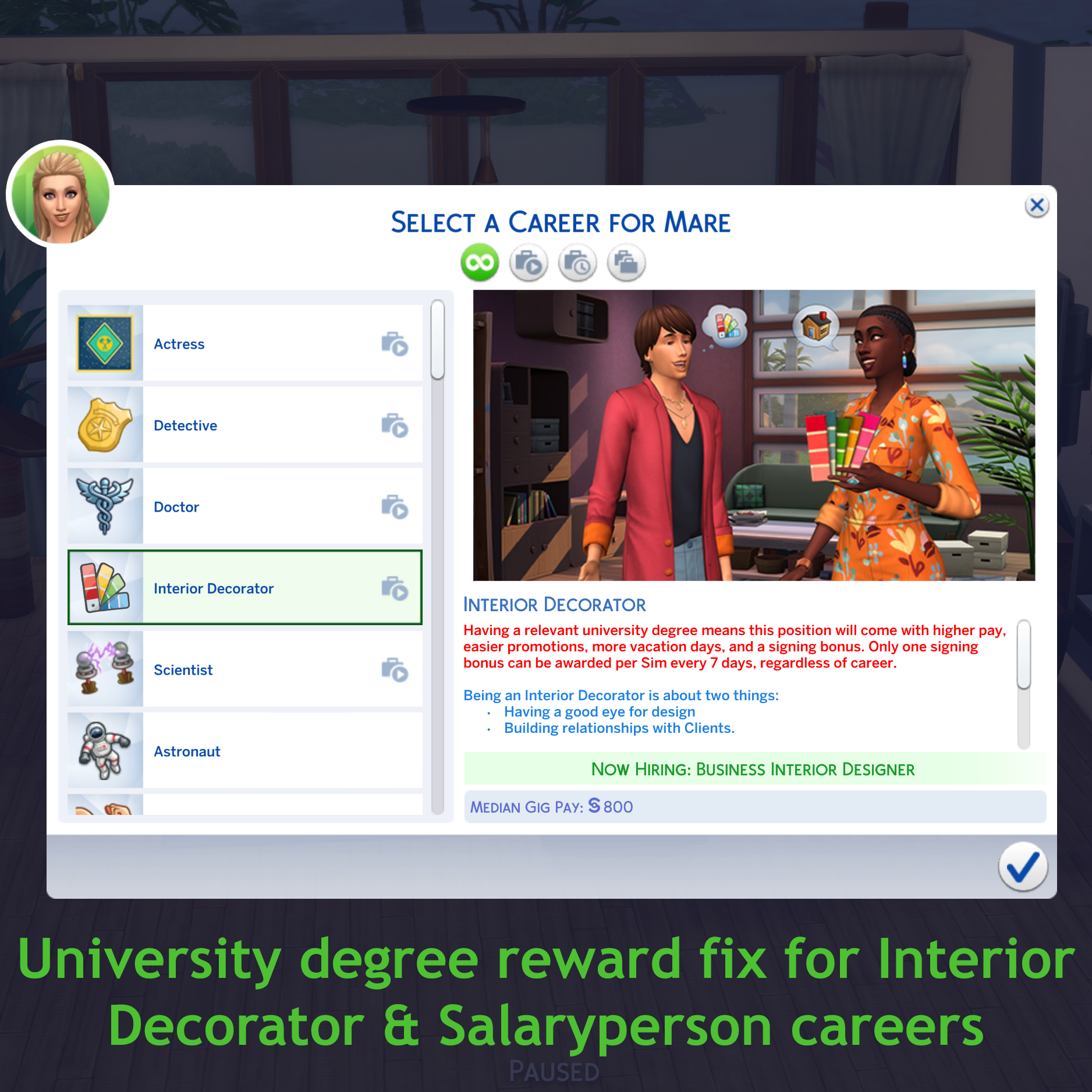 Mod The Sims University Degree Reward Fix For Interior Decorator And